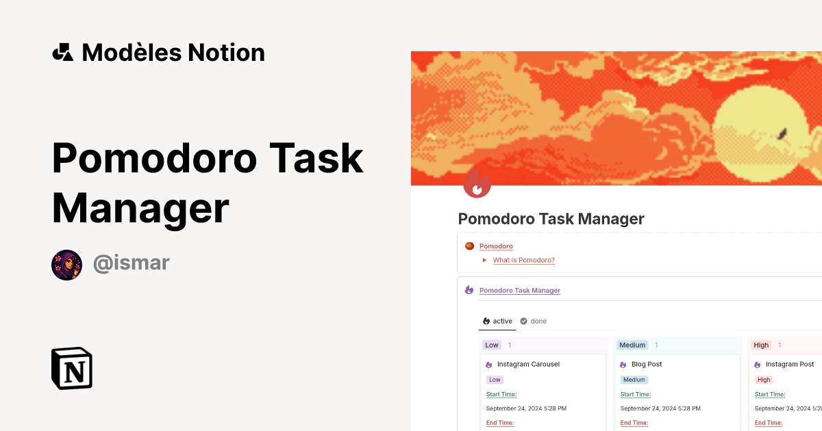Pomodoro Task Manager | Modèle créé par ISMAR | Marketplace Notion