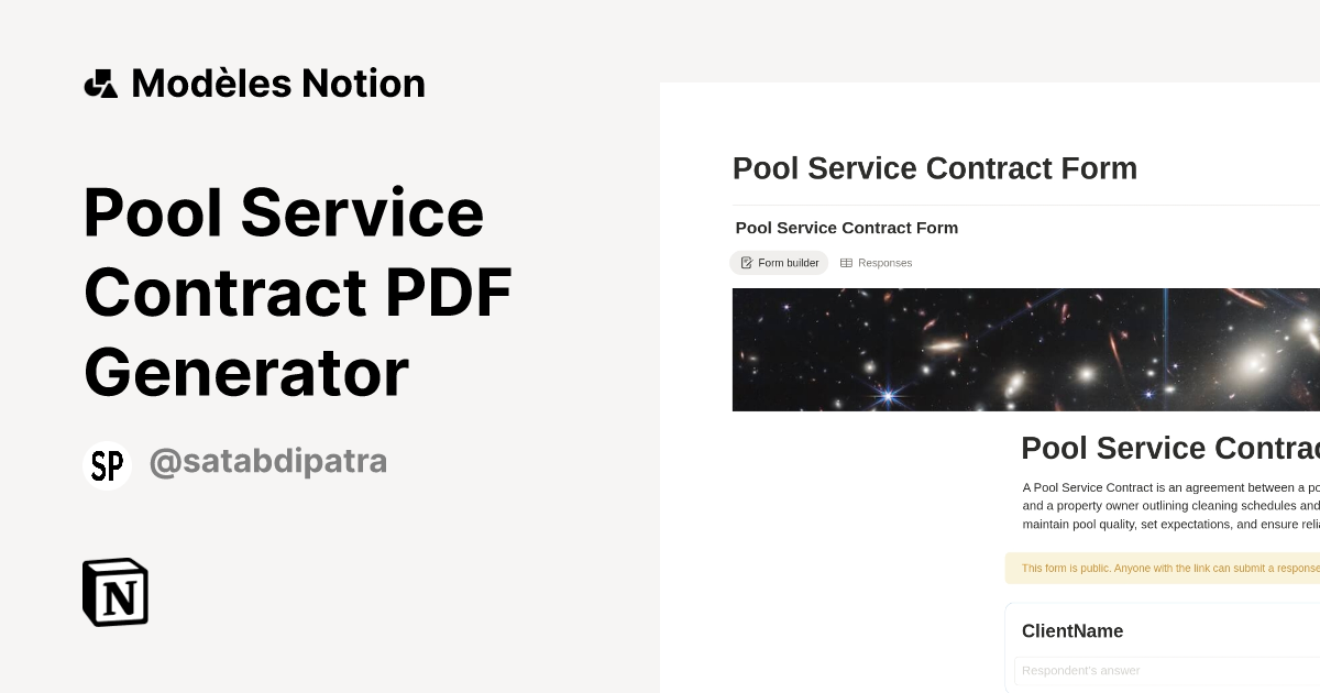 Modèle Pool Service Contract PDF Generator | Marketplace Notion