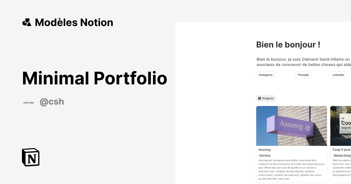 Modèle Minimal Portfolio | Marketplace Notion