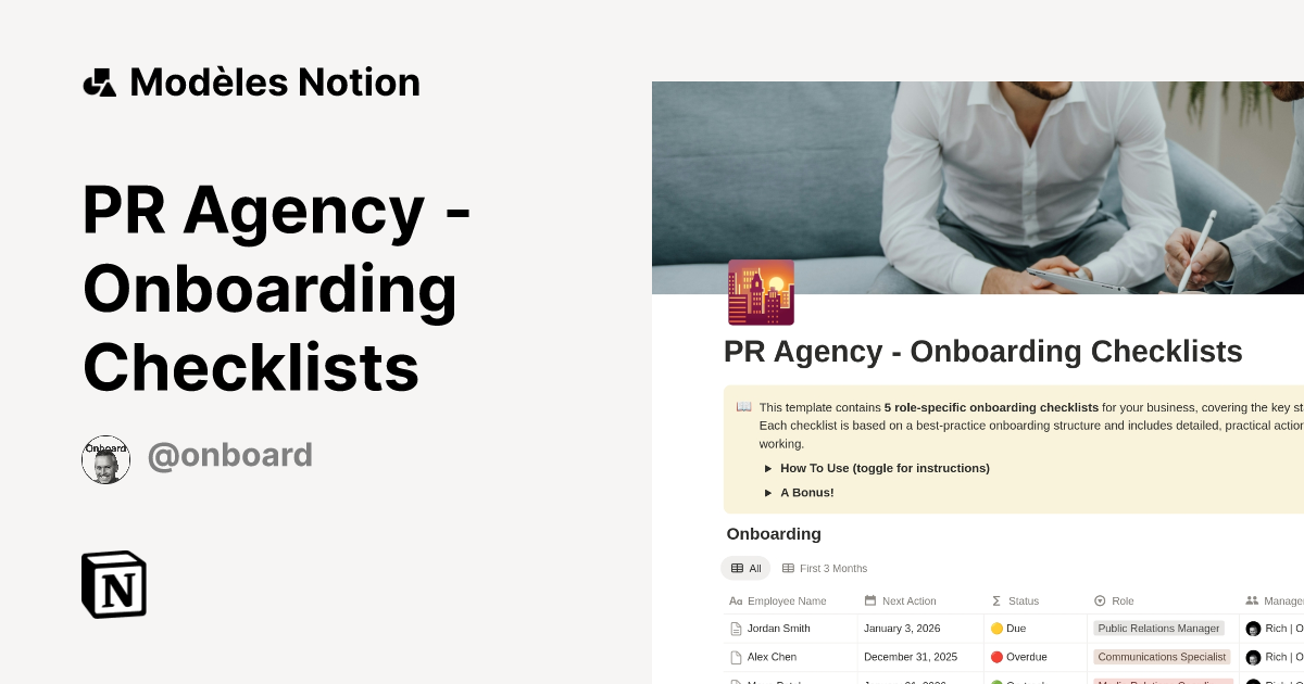 Modèle PR Agency - Onboarding Checklists | Marketplace Notion