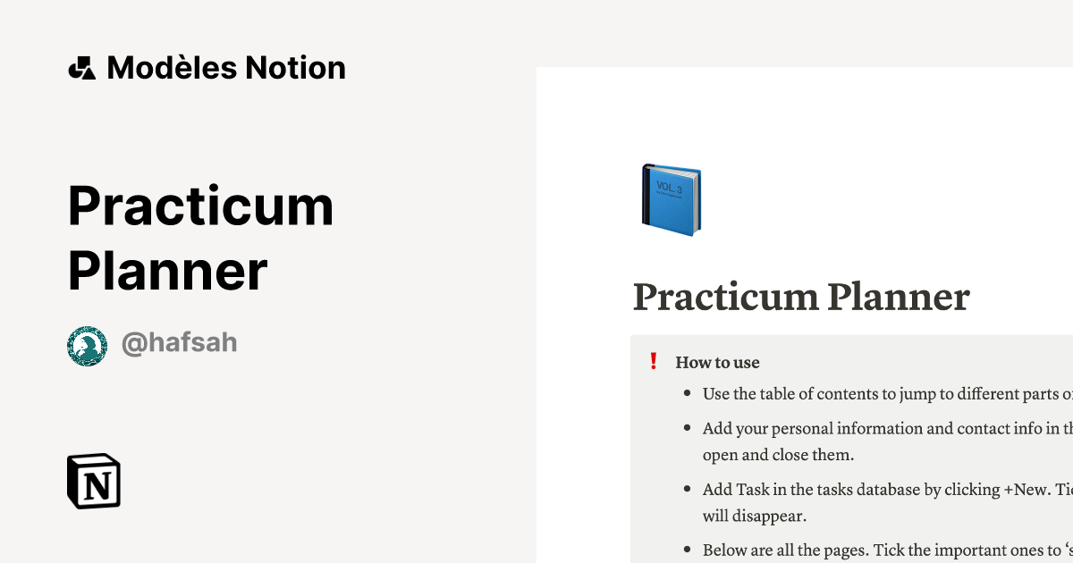 Practicum Planner | Modèle créé par Hafsah I | Marketplace Notion