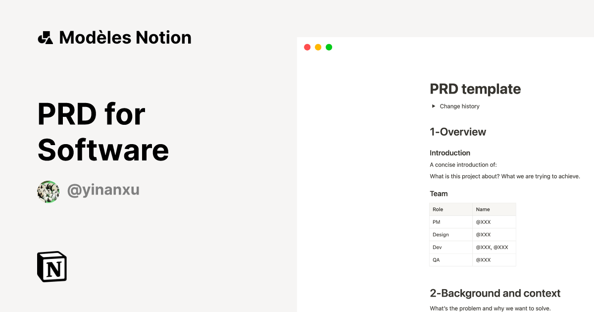 PRD for Software | Modèle créé par Yinan Xu | Marketplace Notion