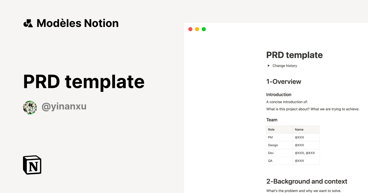 PRD template | Modèle créé par Yinan Xu | Marketplace Notion
