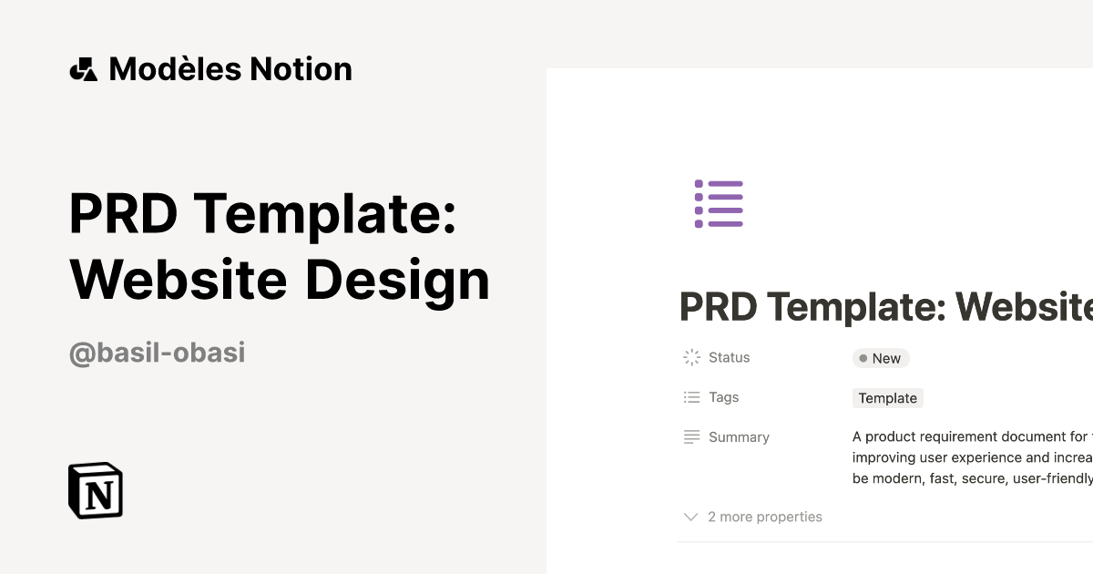 Modèle PRD Template: Website Design | Marketplace Notion