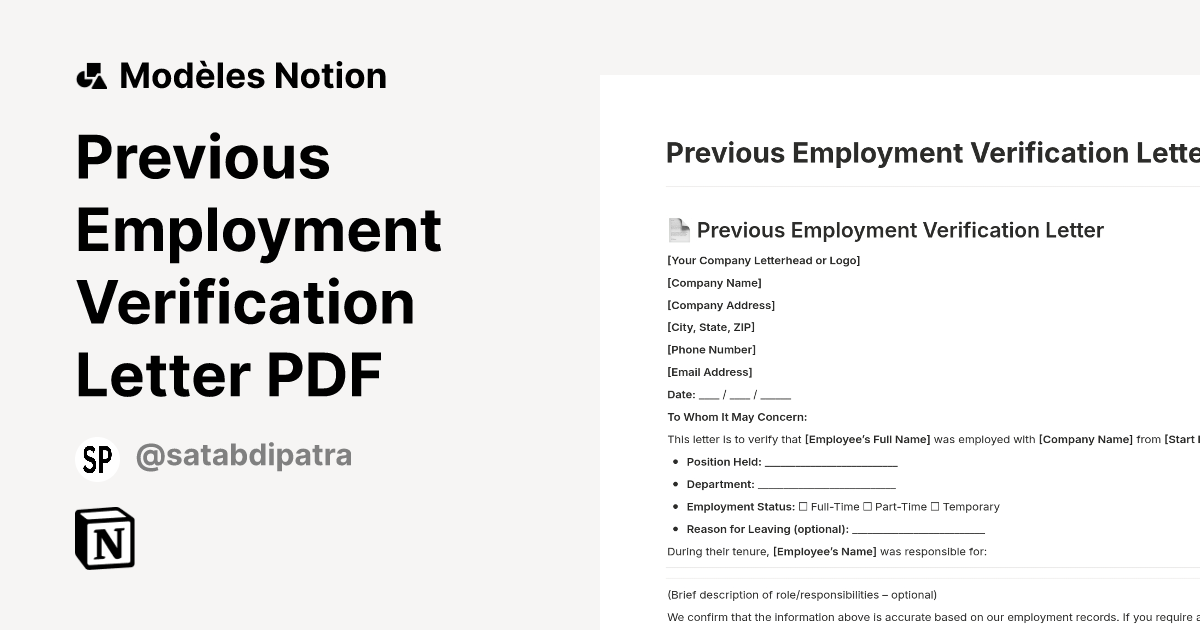Modèle Previous Employment Verification Letter PDF | Marketplace Notion