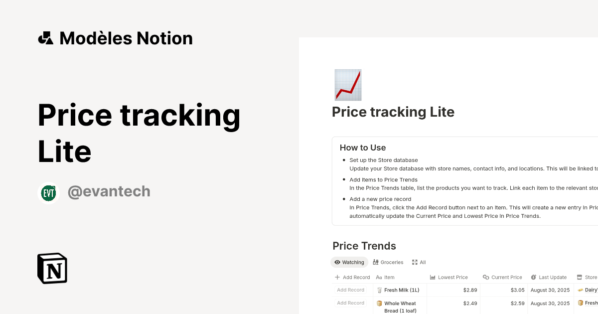 Modèle Price tracking Lite | Marketplace Notion