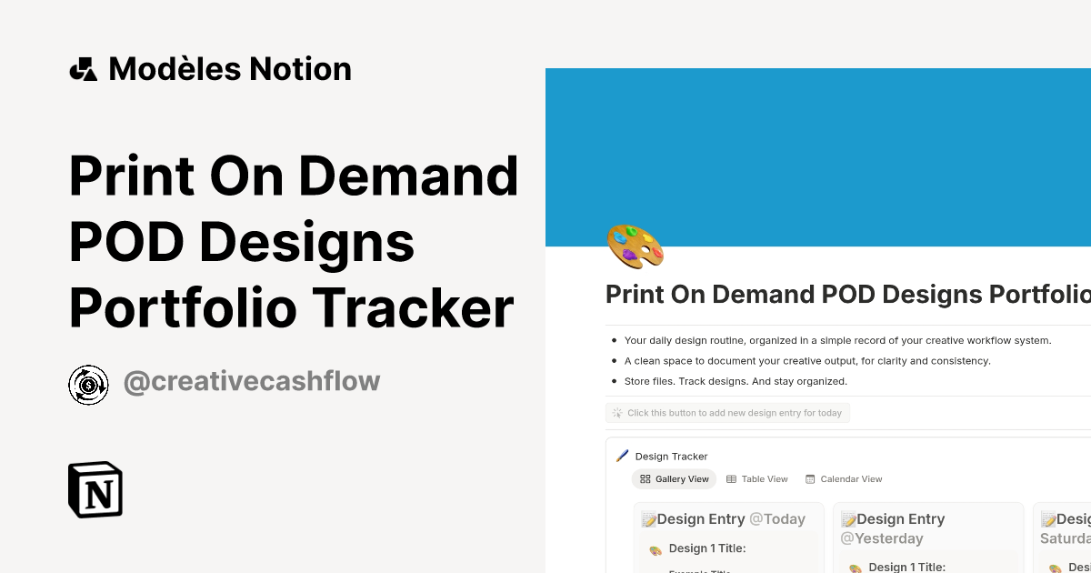 Modèle Print On Demand POD Designs Portfolio Tracker | Marketplace Notion