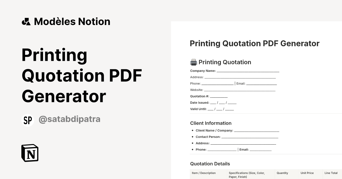 Printing Quotation PDF Generator | Modèle créé par Satabdi Patra ...