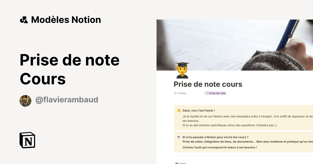 Prise de note Cours | Modèle créé par Flavie Rambaud | Marketplace Notion