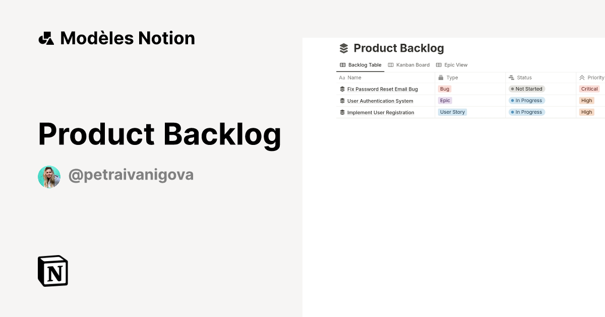 Product Backlog | Modèle créé par Petra Ivanigova | Marketplace Notion