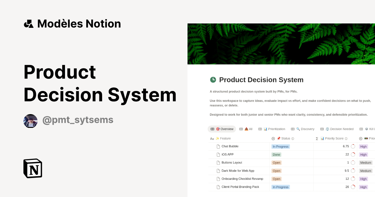 Modèle Product Decision System | Marketplace Notion