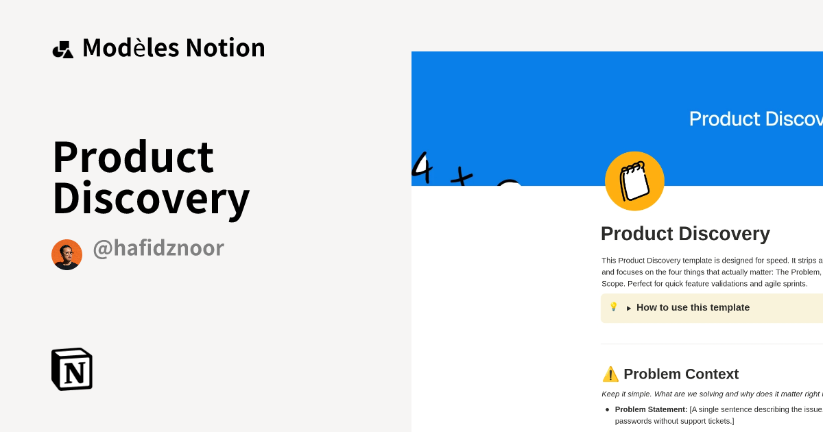 Product Discovery | Modèle créé par Hafidz Noor Fauzi | Marketplace Notion