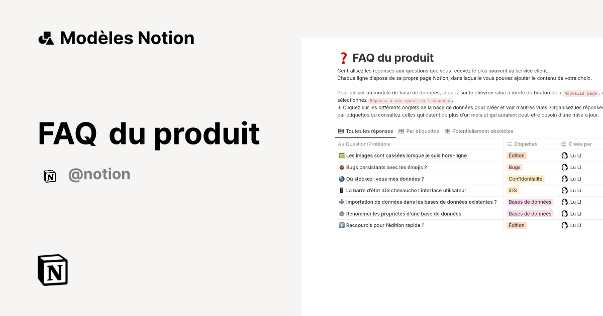 FAQ du produit | Modèle créé par Notion | Marketplace Notion