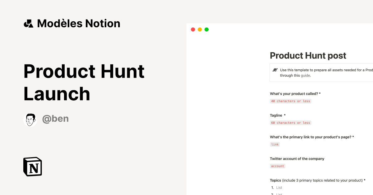 Modèle Product Hunt Launch | Marketplace Notion
