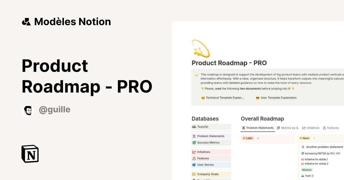 Product Roadmap - PRO | Modèle créé par Guille T.M. | Marketplace Notion