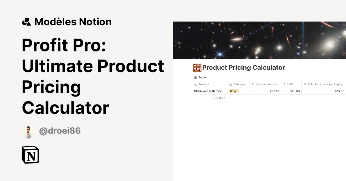 Modèle Profit Pro: Ultimate Product Pricing Calculator | Marketplace Notion
