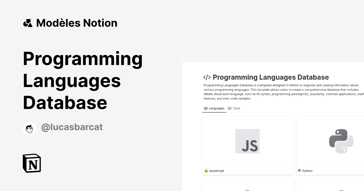 Programming Languages Database | Modèle créé par Lucas Barcat | Marketplace Notion
