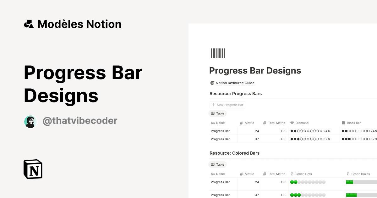 Progress Bar Designs | Modèle créé par That Vibe Coder | Marketplace Notion