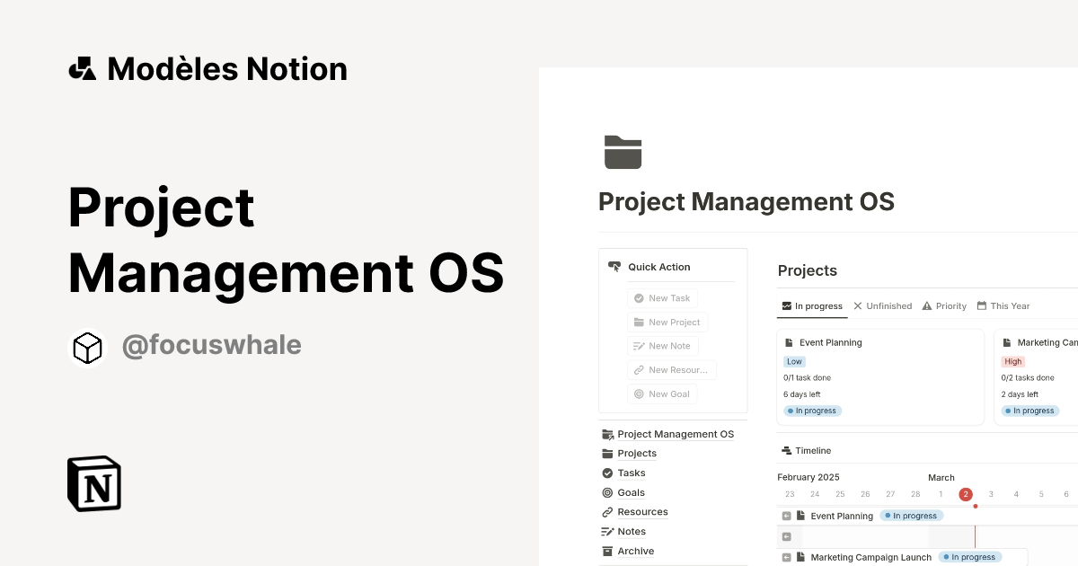 Project Management OS | Modèle créé par FocusWhale | Marketplace Notion