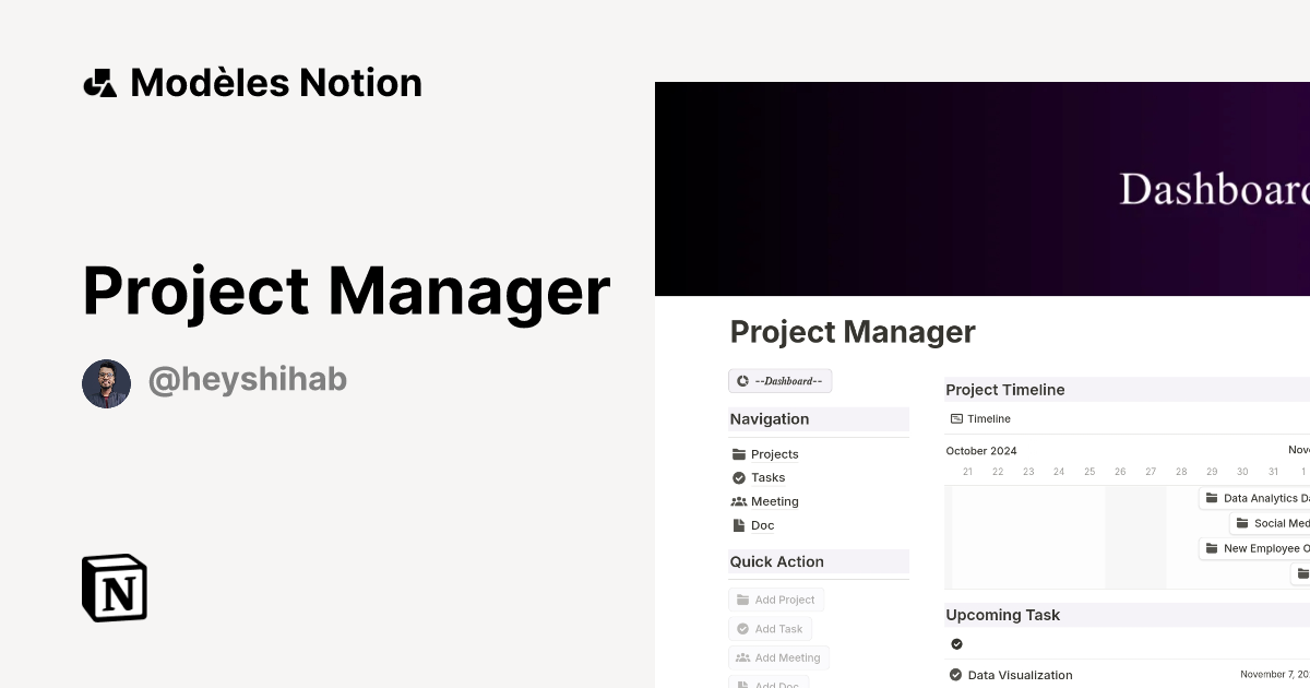 Project Manager | Modèle créé par Shihab | Marketplace Notion