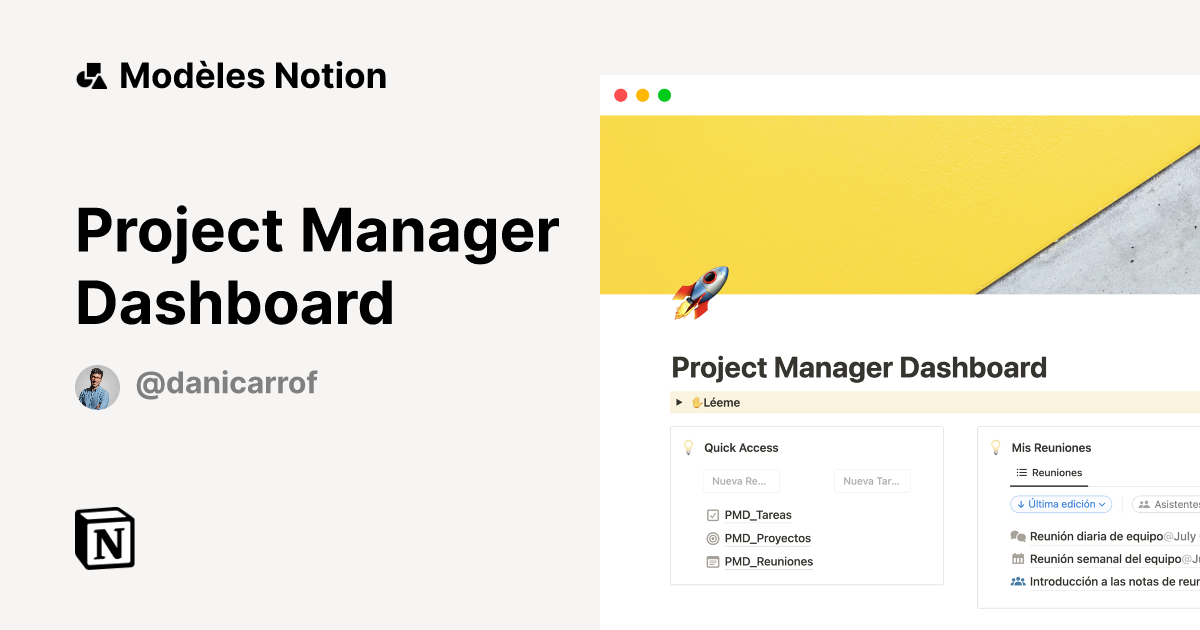 Project Manager Dashboard | Modèle créé par Daniel Carro | Marketplace Notion