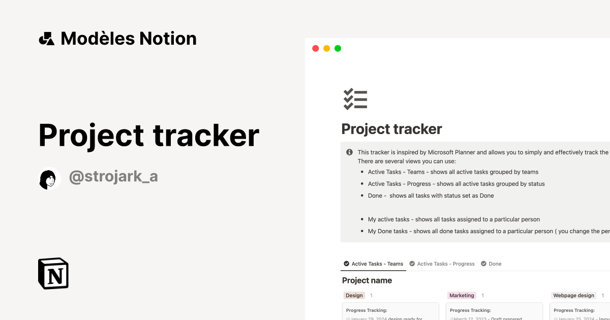 Project tracker | Modèle créé par Anezka | Marketplace Notion