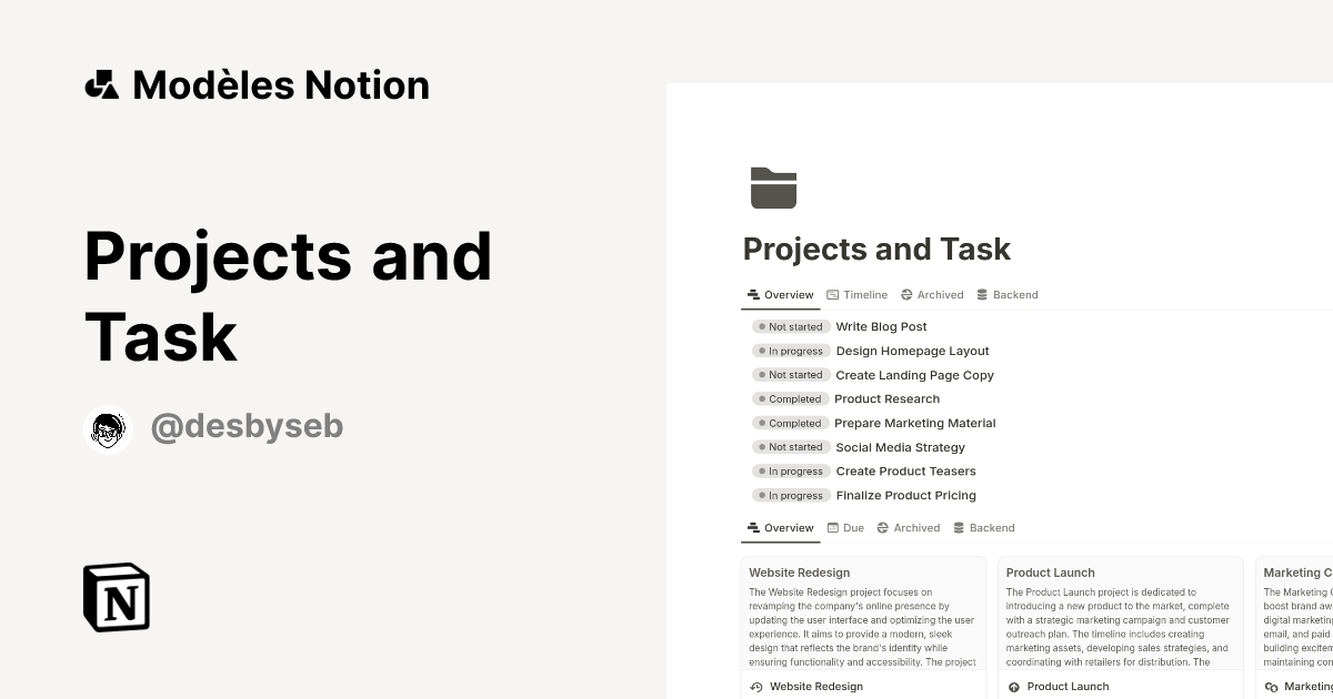 Modèle Projects and Task | Marketplace Notion