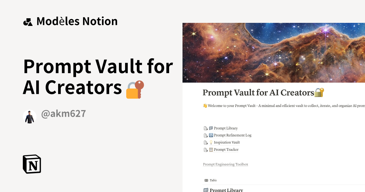 Prompt Vault for AI Creators 🔐 | Modèle créé par akm627 | Marketplace Notion