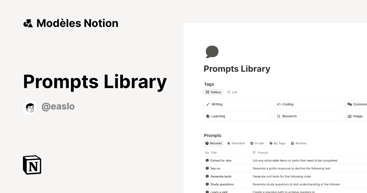 Prompts Library | Modèle créé par Easlo | Marketplace Notion