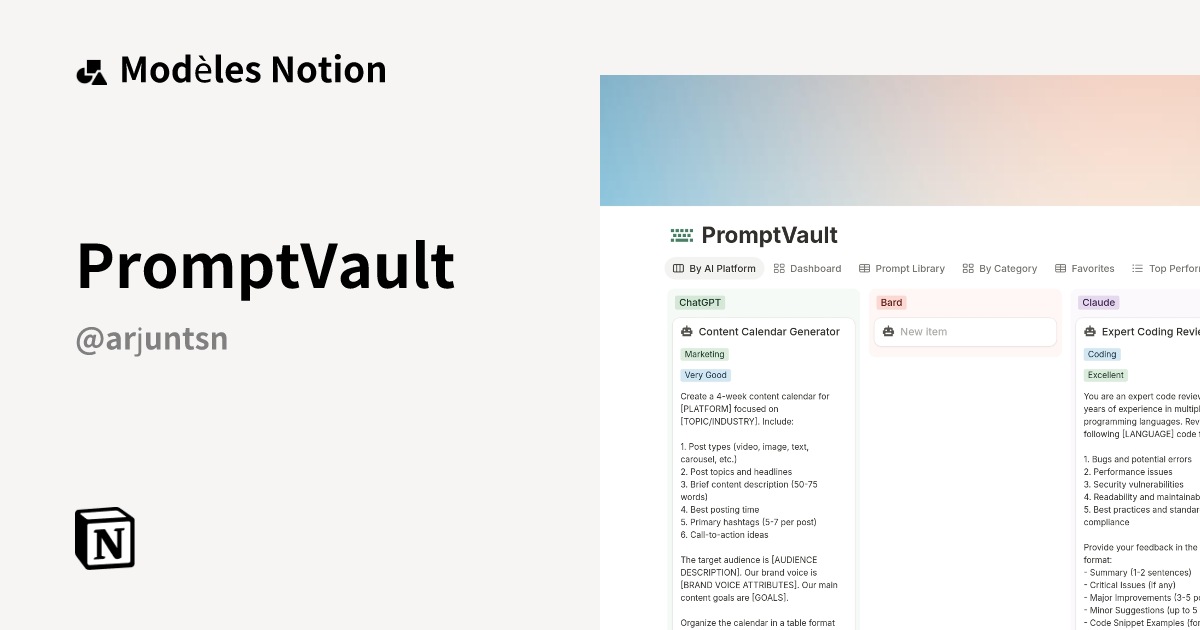 PromptVault | Modèle créé par Nagaarjun | Marketplace Notion