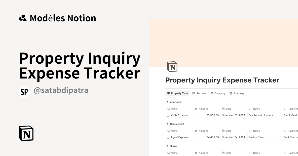 Modèle Property Inquiry Expense Tracker | Marketplace Notion