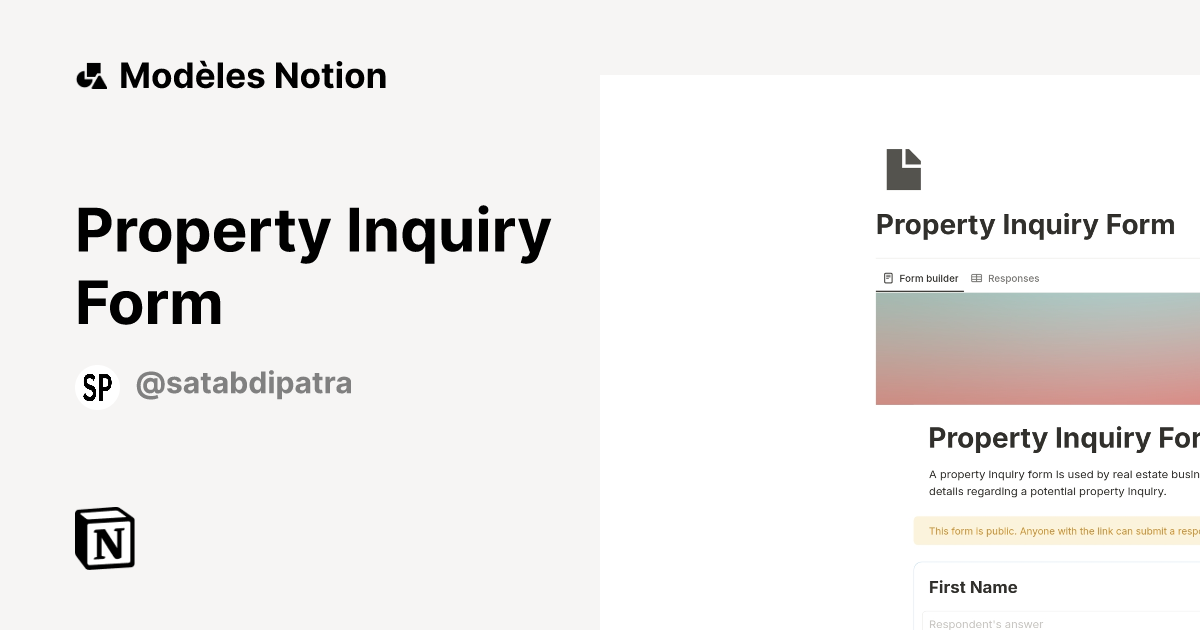 Property Inquiry Form | Modèle créé par Satabdi Patra | Marketplace Notion