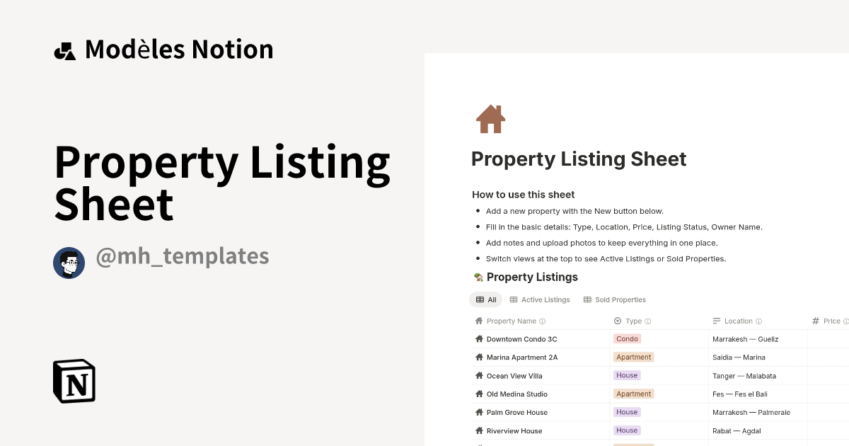 Property Listing Sheet | Modèle créé par MH Systems | Marketplace Notion