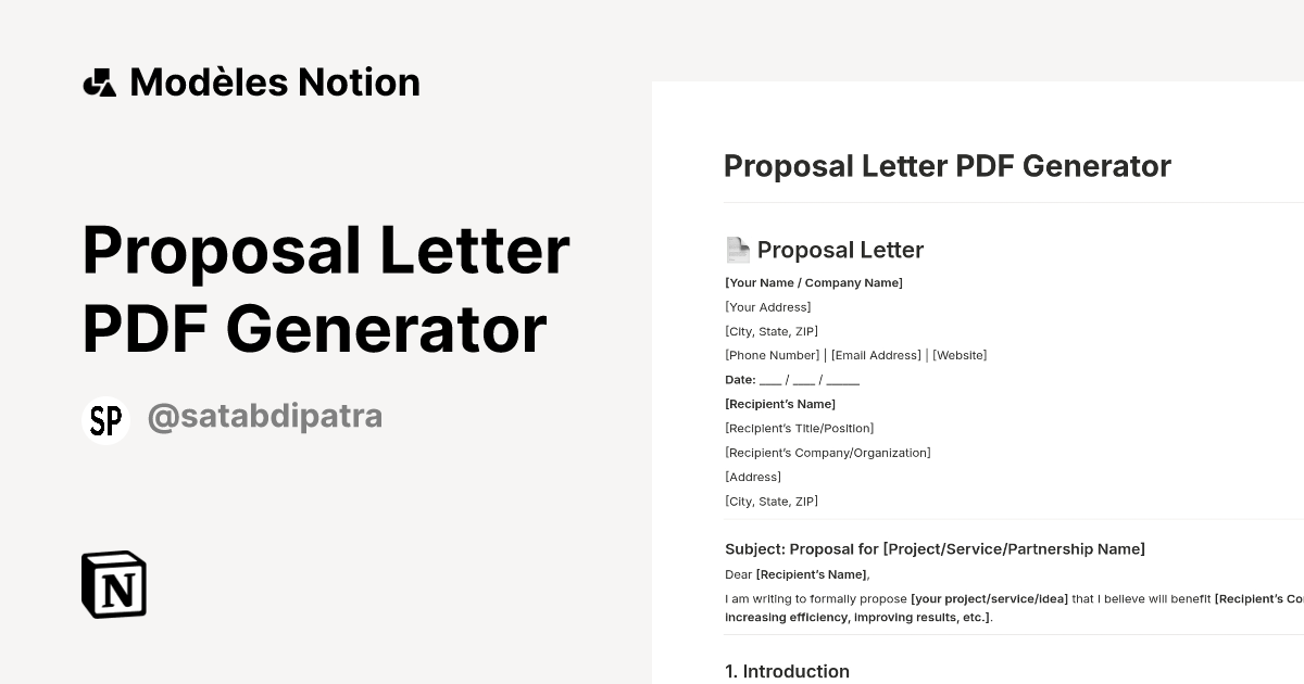 Modèle Proposal Letter PDF Generator | Marketplace Notion