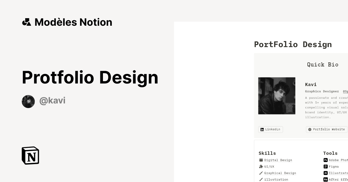 Protfolio Design | Modèle créé par Kavi | Marketplace Notion