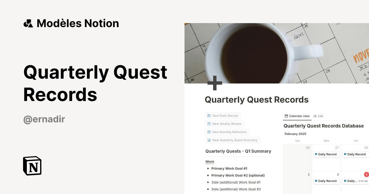 Modèle Quarterly Quest Records | Marketplace Notion