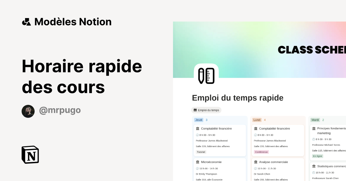 Quick Class Schedule | Modèle créé par mrpugo | Marketplace Notion