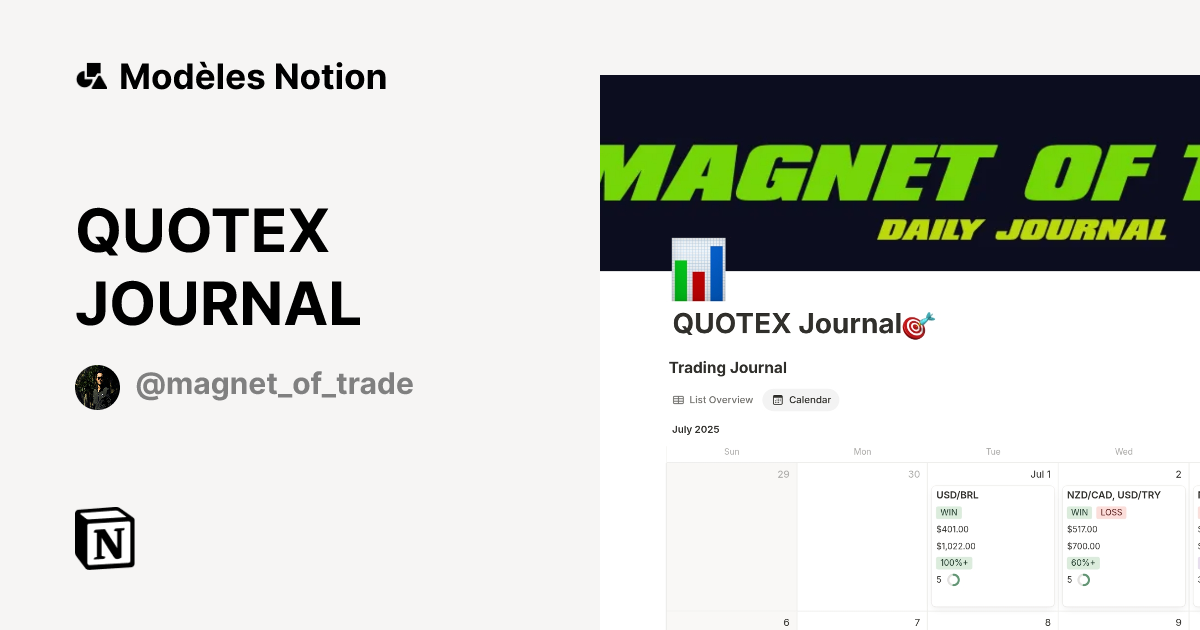 QUOTEX JOURNAL | Modèle créé par MAGNET TRADER | Marketplace Notion