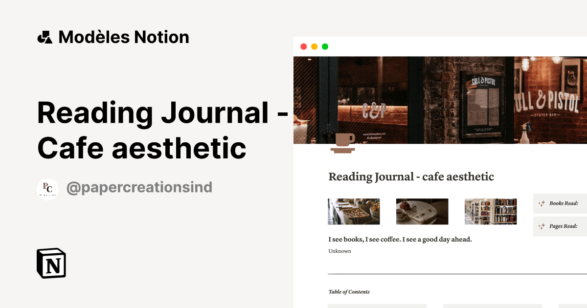 Modèle Reading Journal - Cafe aesthetic | Marketplace Notion