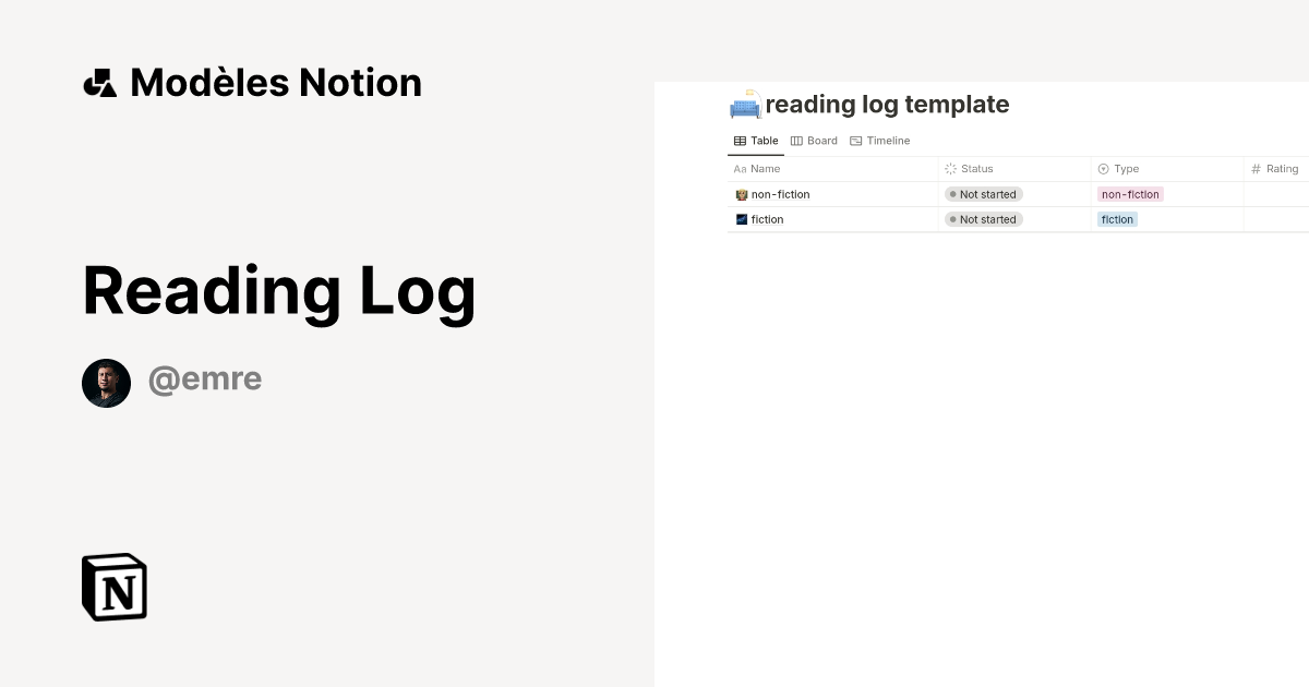 Modèle Reading Log | Marketplace Notion