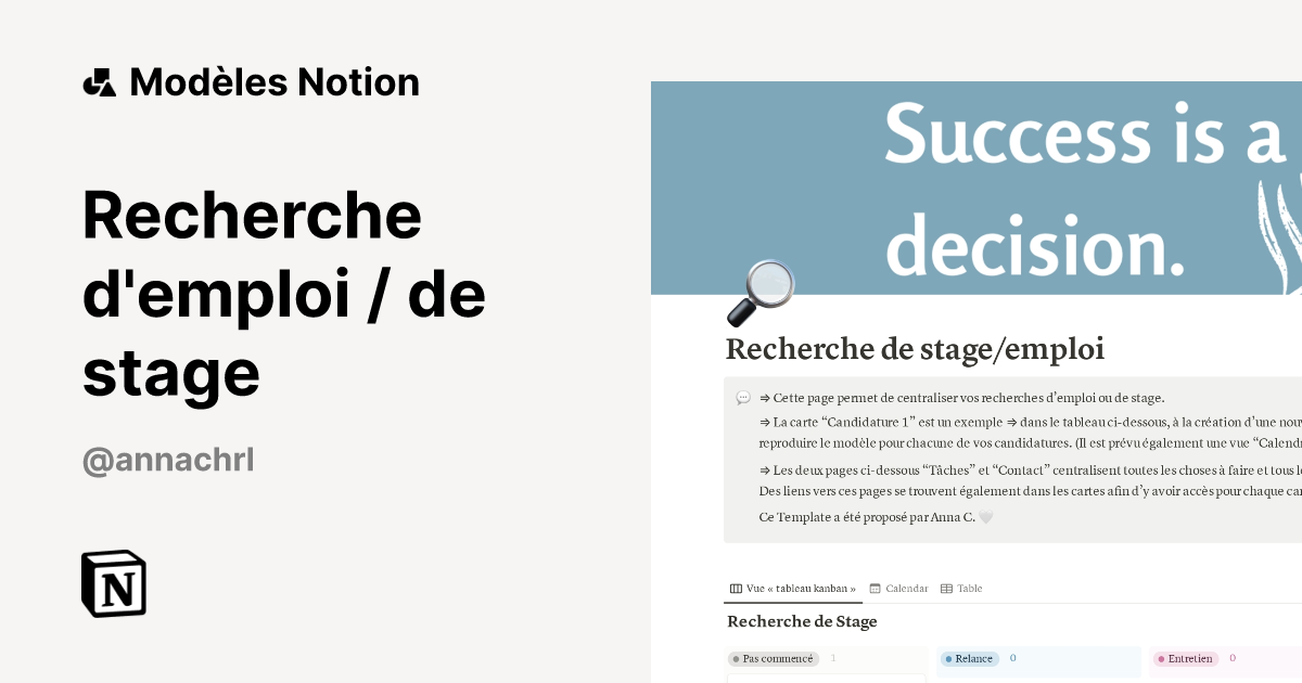 Recherche d'emploi / de stage | Modèle créé par Anna | Marketplace Notion