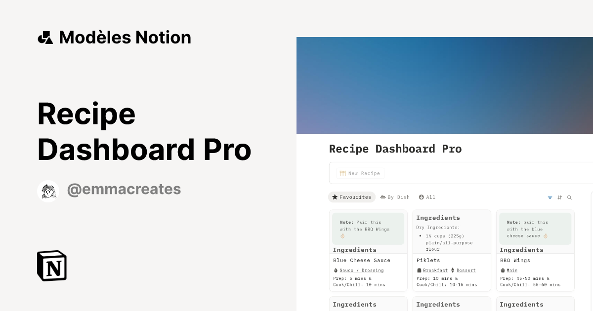 Recipe Dashboard Pro | Modèle créé par emmacreates | Marketplace Notion