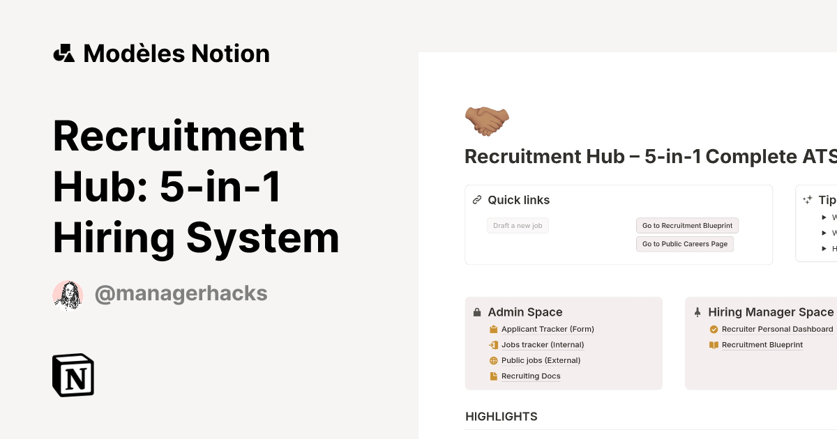 Modèle Recruitment Hub: 5-in-1 Hiring System | Marketplace Notion