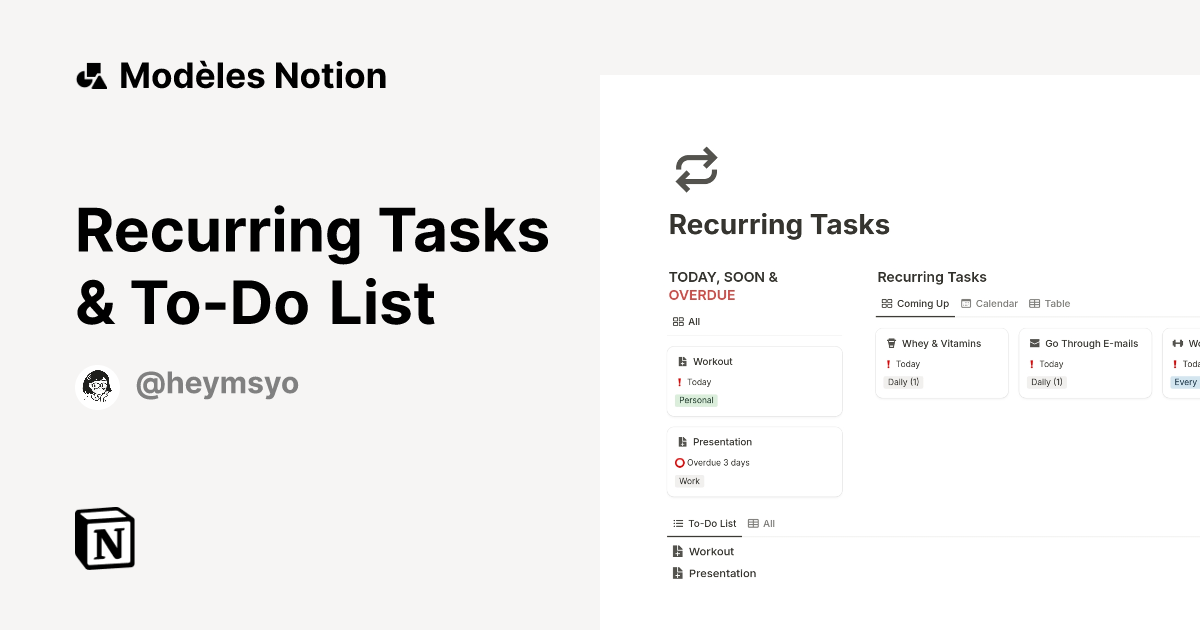 Recurring Tasks & To-Do List | Modèle créé par MsYo | Marketplace Notion