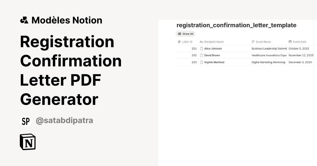 Registration Confirmation Letter PDF Generator | Modèle créé par ...