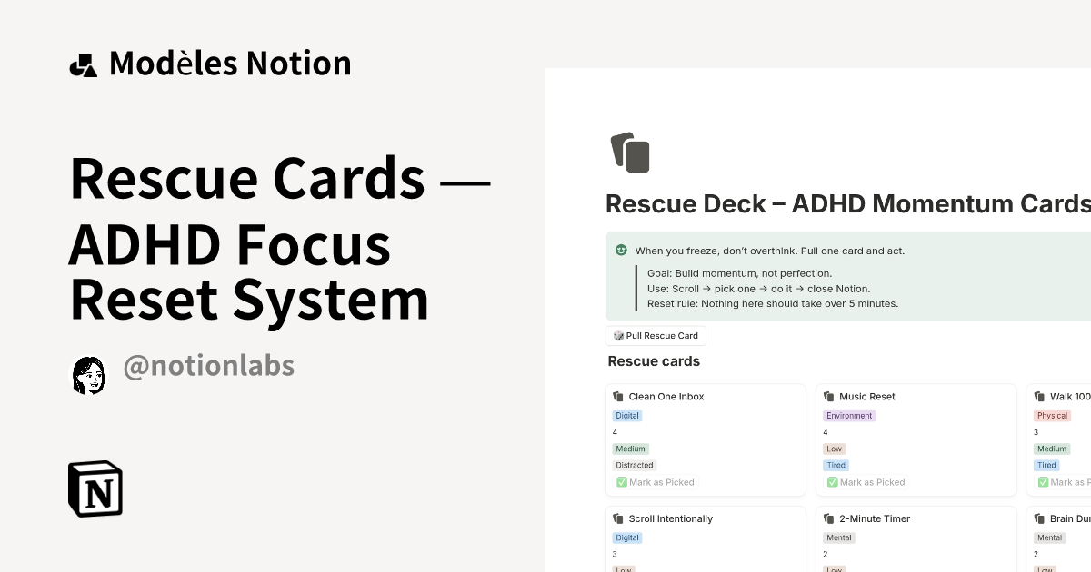 Rescue Cards — ADHD Focus Reset System | Modèle créé par Smart Notion ...