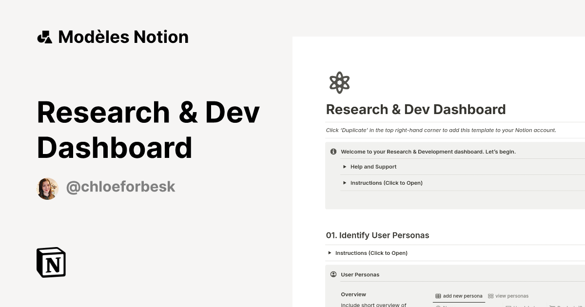 Research & Dev Dashboard | Modèle créé par Chloe Forbes-Kindlen | Marketplace Notion