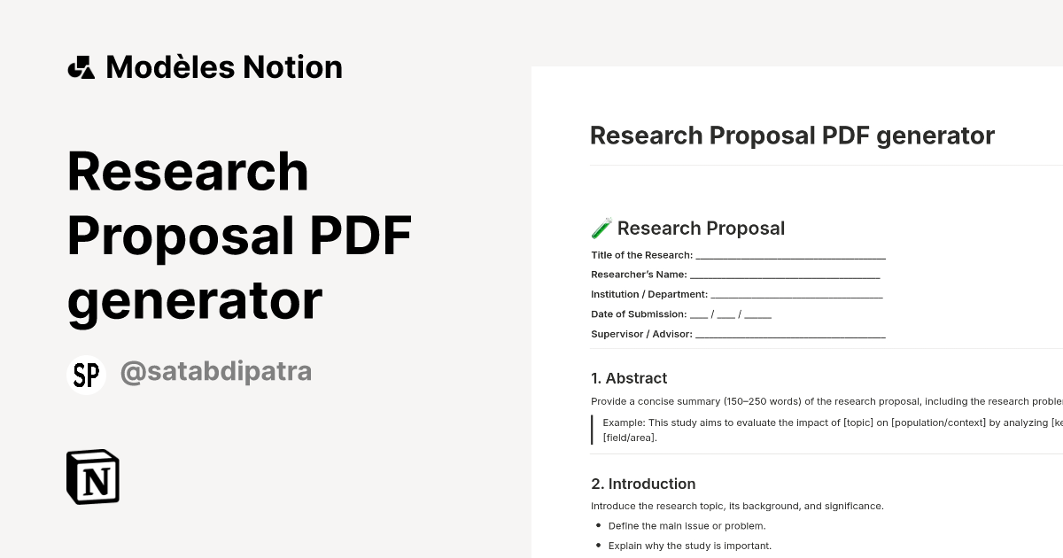 Modèle Research Proposal PDF generator | Marketplace Notion