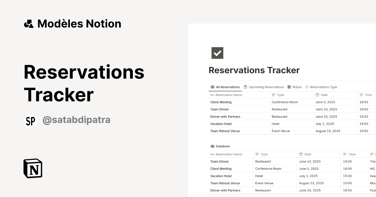 Modèle Reservations Tracker | Marketplace Notion