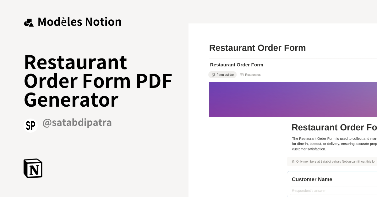 Modèle Restaurant Order Form PDF Generator | Marketplace Notion